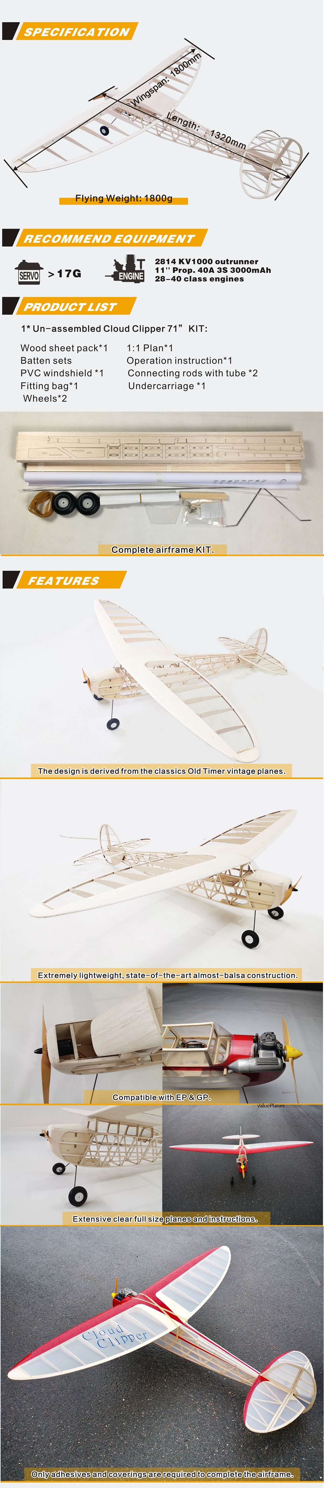 VALUE PLANES BALSA CLOUD CLIPPER 71 KIT 1800MM WINGSPAN